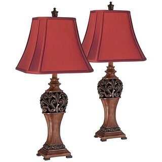 Wood Finish Crimson Red Shade Traditional Table Lamps Set of 2 - 30" x ...