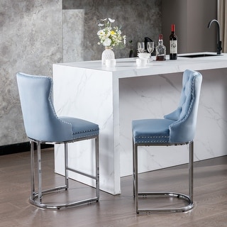 Light Blue Velvet Bar Stools Counter Height Barstools Dining Chairs ...