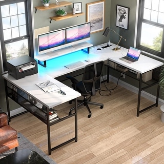 U Shaped Gaming Desk with LED Power Outlets Computer Desk - Bed Bath ...