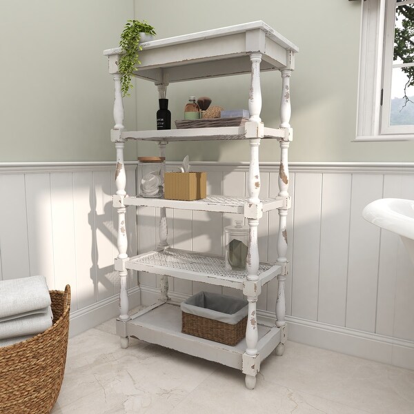 Wood Distressed Open 5 Shelf Shelving Unit with Spindle Sides and Mesh White Roche River Decor 16 Wx30 Lx55 H