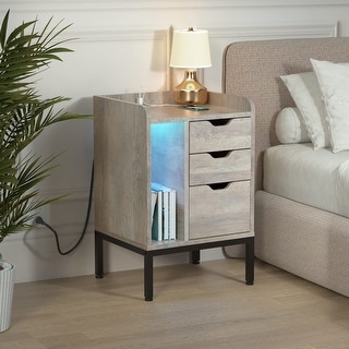 Nightstand with Charging Station and LED Lights, Gray Night Stand with ...
