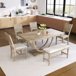 6-Piece Wood Half Dining Table Set with Long Bench and 4 Dining Chairs ...
