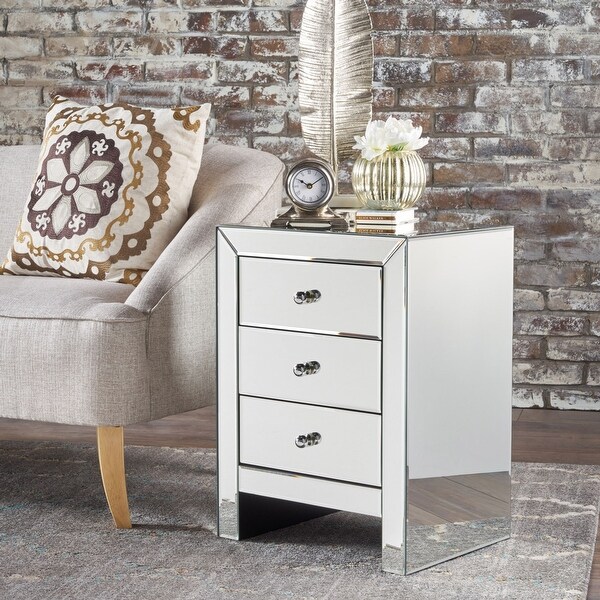 17.70 Mirrored Nightstand Silver Glass Nightstand with 3 Drawers Small Bed Side Tables Mirrored End Table