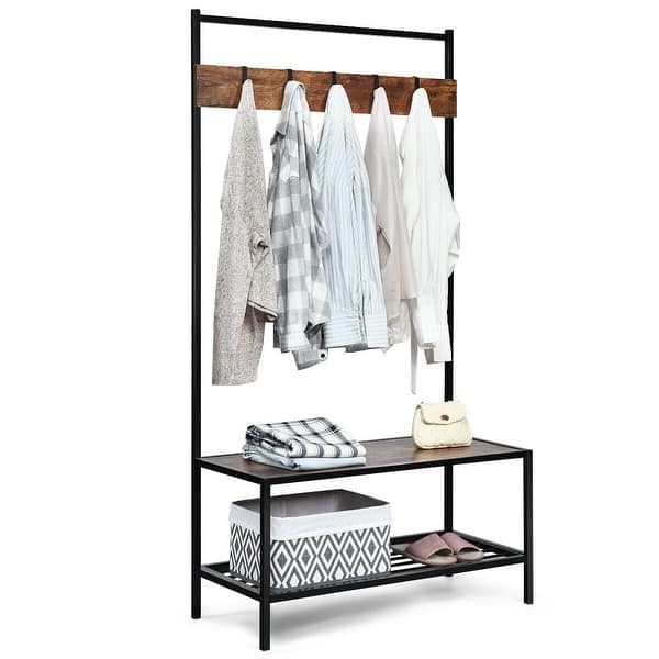3 in 1 Industrial Coat Rack with 2-tier Storage Bench and 5 Hooks - 35. ...