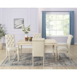 5 Piece Wooden Dining Table Set with 4 Beige High Back Tufted Chairs ...