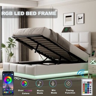 LED Platform Bed Frame White Full Size Storage Bed w/ USB Ports - Bed ...