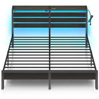 King Bed Frame with USB Charging, LED & Wood Storage Headboard, Metal ...