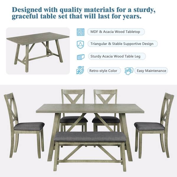 Gray Wood Dining Table Kitchen Set with Table Bench Chairs (Set of 6 ...