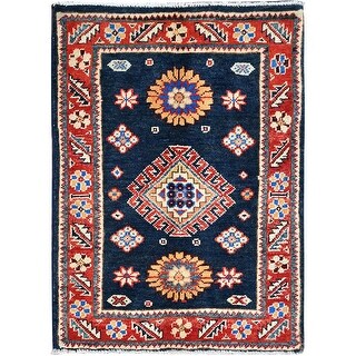 Shahbanu Rugs Opal Blue Special Kazak and Geometric Design Hand Knotted ...