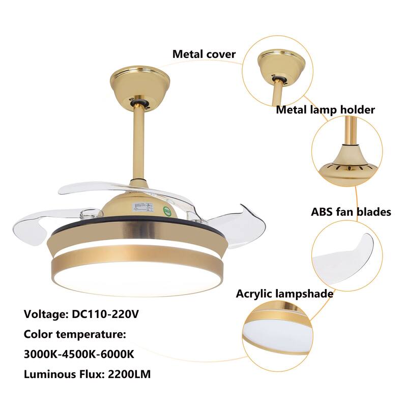 36‘’ Gold Retractable 6 Speed Ceiling Fan with Remote - 36'' - Bed Bath ...