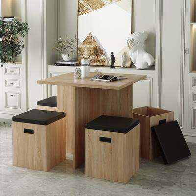 5-Piece Dining Set with Storage Ottoman, Faux Wood Table and 4 Ottomans ...