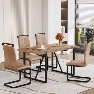 Retro Rectangular Dining Table and Chair Sets with Fishbone Textured ...
