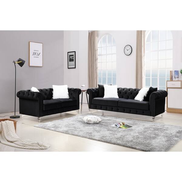 Wenonah Black Velvet Tufted Sofa and Loveseat Set - Bed Bath & Beyond ...