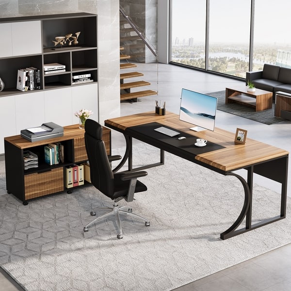 63-inch L-shapped Executive Desk Computer Desks with Wheeled File ...