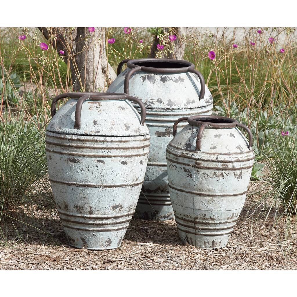 Blue Metal Distressed Decorative Vase with Handles (Set of 3) - 18 x 18 ...