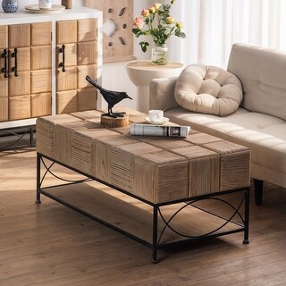 47"W Natural Small Grid Splicing Coffee Table for Living Room Office ...