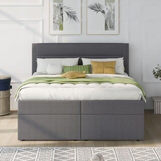 Grey Queen Size Upholstered Platform Bed with Storage Underneath - Bed ...
