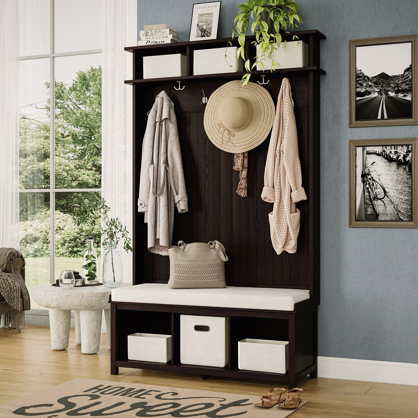 John Louis Home Solid Wood Hall Tree with Shoe and 1 Bin Storage Mahogany