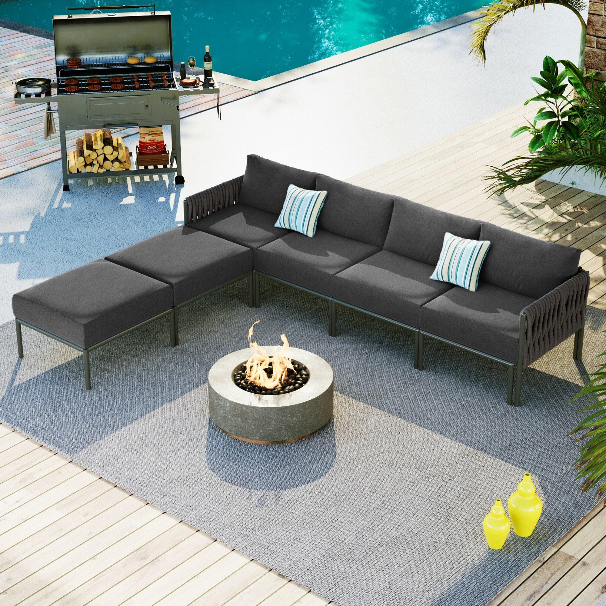6 Pieces Aluminum Patio Furniture Set Modern Metal Outdoor Conversation Set Sectional Sofa with Cushions
