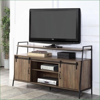 TV Stand with Sliding Barn Door, Rustic Oak and Black Metal Frame, TV ...