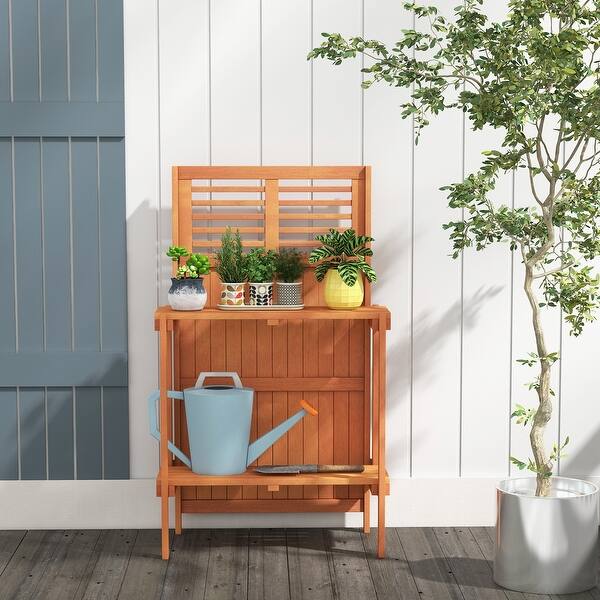 Folding Garden Potting Bench with 2-tier Storage Shelves and Teak Oil ...