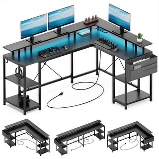 L Shaped Desk with Monitor Shelf, Reversible Corner Computer Desk for ...