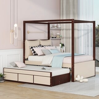 Full Size Upholstered Storage Canopy Bed with Trundle and 3 Drawers ...
