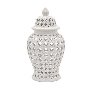 Deni 19 Inch Ginger Jar Small Carved Cutout Lattice Removable Lid White ...
