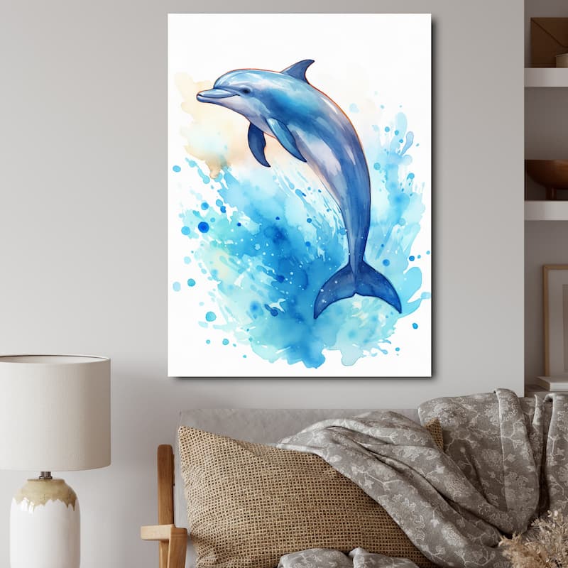 Designart "Cute Blue Dolphin Watercolor" Animals Dolphin Canvas Wall ...