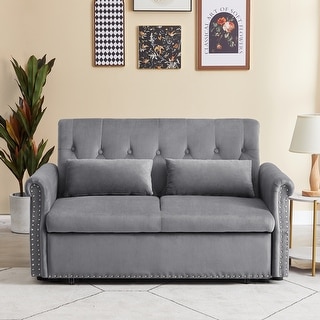 Velvet rolled arm Sofa Bed with tufted deep button & nailhead accents ...