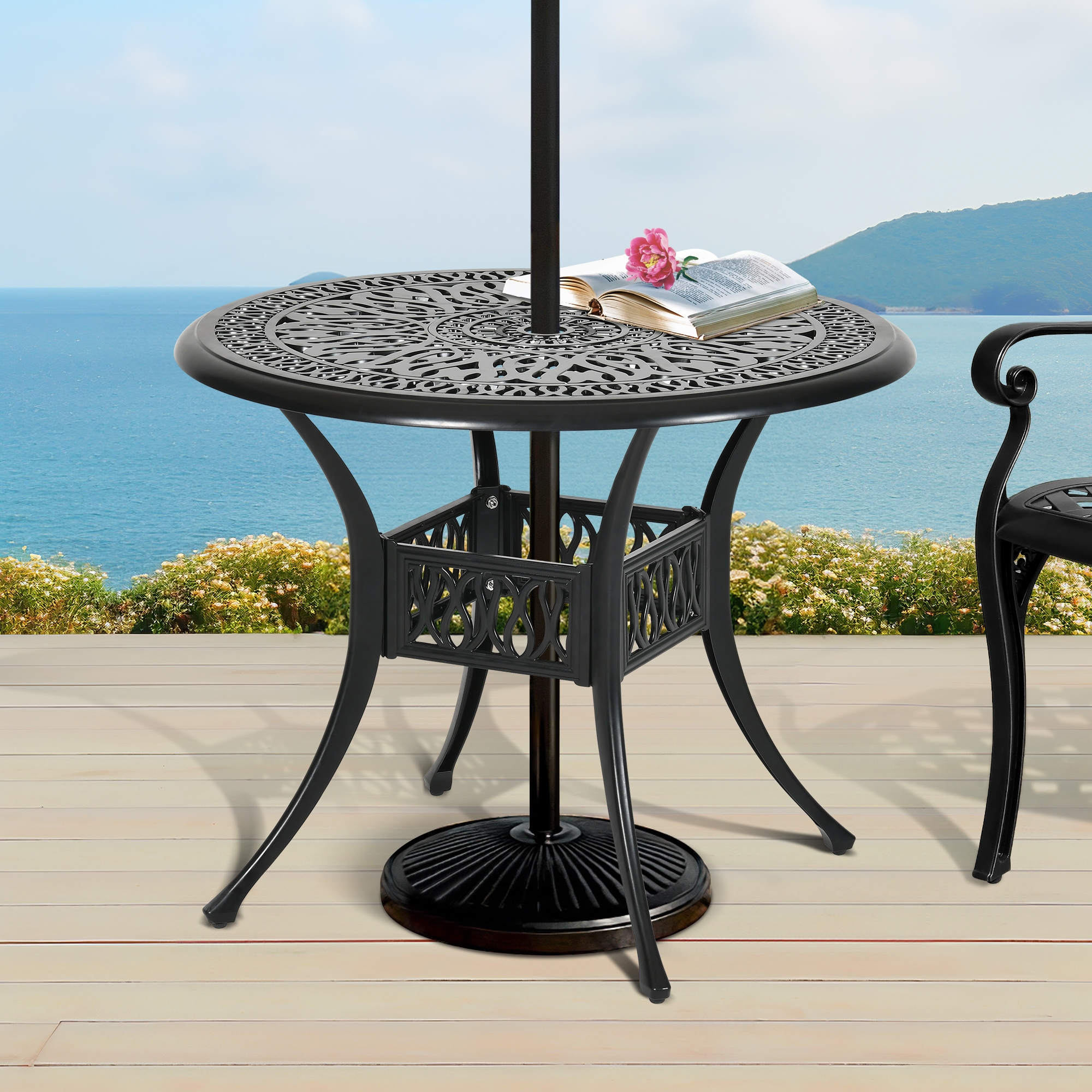 Moasis 35.4 Outdoor Patio Round Antique Cast Aluminum Dining Table with Umbrella Hole Black