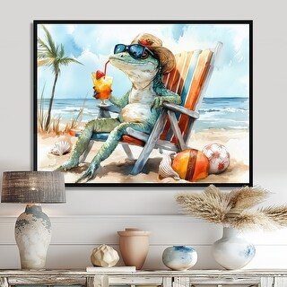Designart "Lizard On A Beach Lounging Chair" Coastal Animal Framed ...