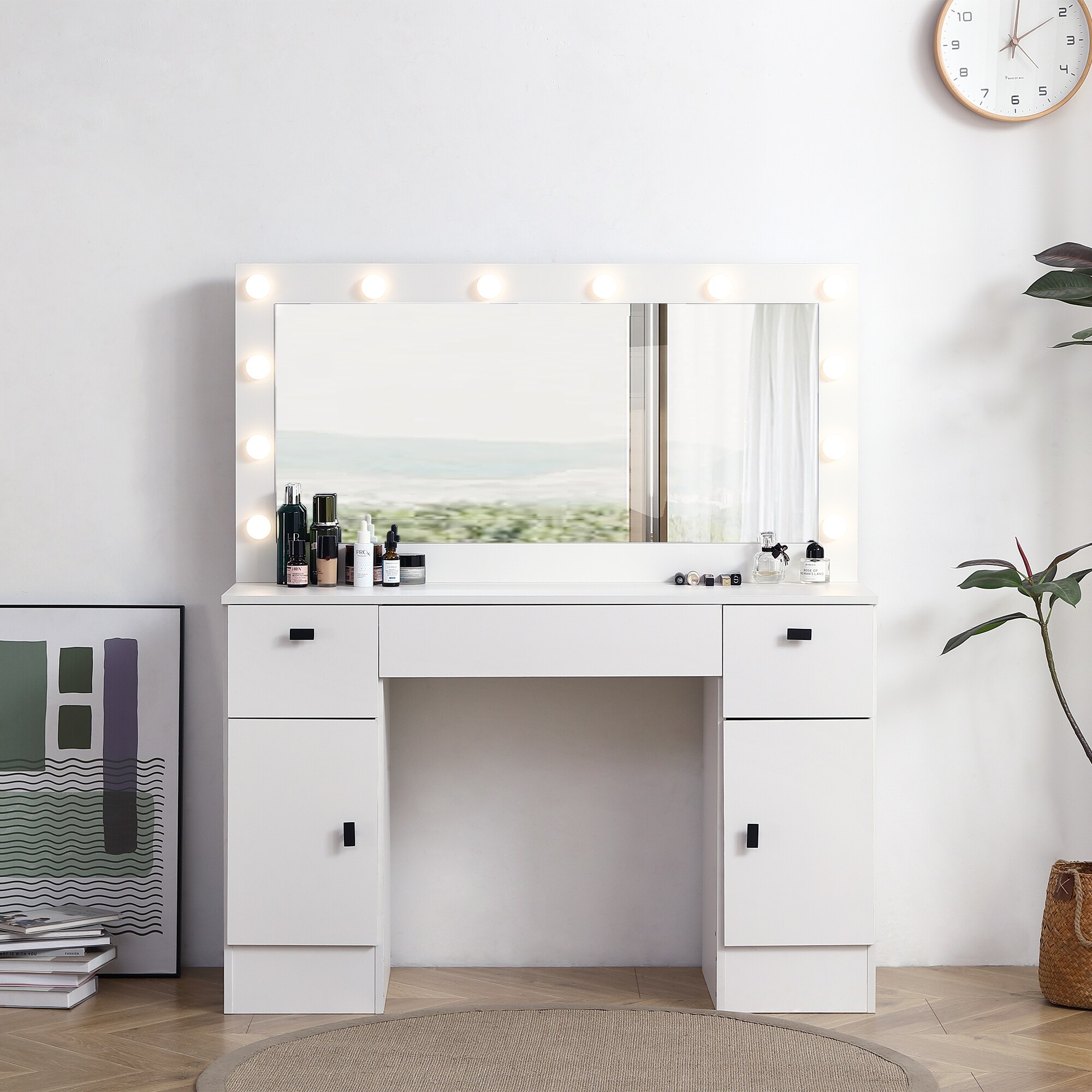 White vanity table with lighted mirror store