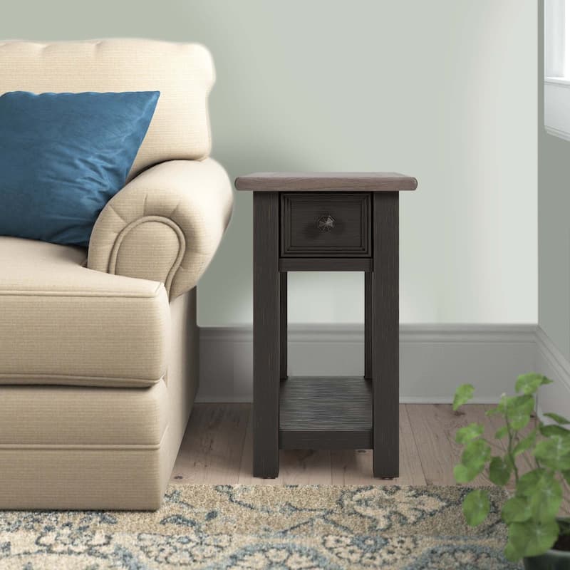 24 Inch Side End Table, Black Wood Base, Power Socket and USB Chargers ...