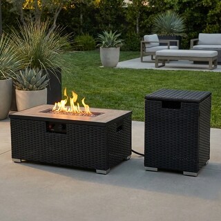 32'' Outdoor Rectangular Wicker Propane Fire Pit Table with Tank Cover ...