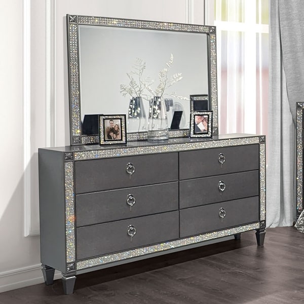Furniture of America Welen Glam Grey Wood 2 Piece 6 Drawer Dresser and Mirror Set