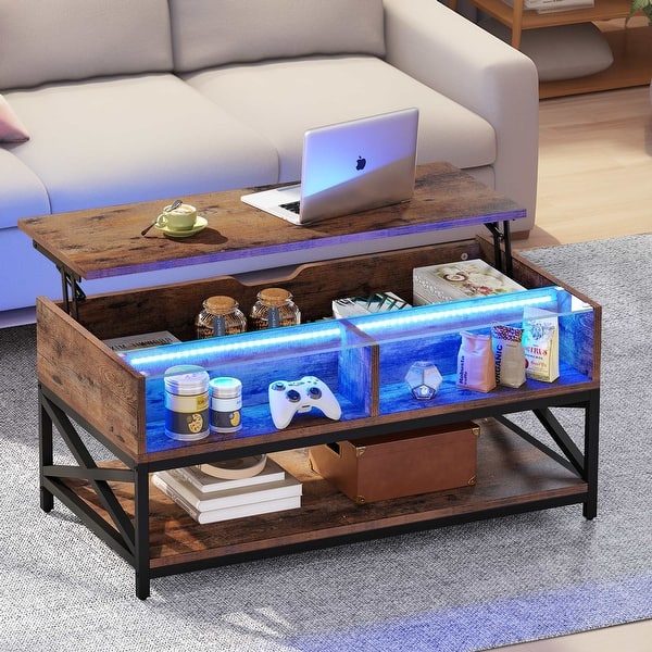 Moasis Lift Top LED Coffee Table with Hidden Storage and Glass Shelves ...