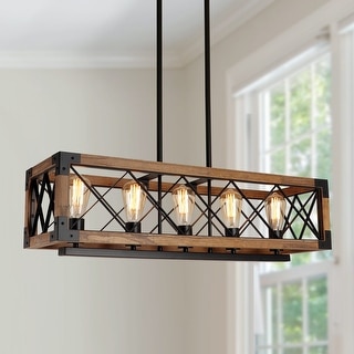 Modern Farmhouse 5-Light Wood Rectangle Chandelier Cage Island Lights ...