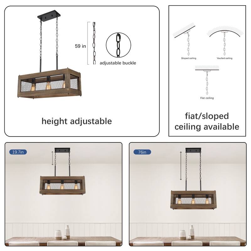 Farmhouse 3-Light Wood Linear Chandelier Rectangle Island Light - L23.5 ...