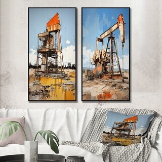 Designart "Gold Oil Rigs Fields In Texas" Oil Rigs / Fields Framed Wall ...