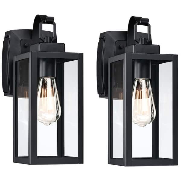 2 Pack 1-Light Outdoor Wall Lantern with Built-In GFCI Outlets - Matte ...