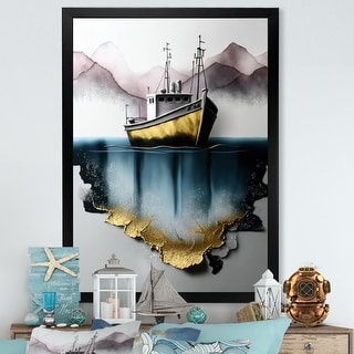 Designart "Gold Modern Fishing Boat I" Coastal Boat Framed Canvas ...