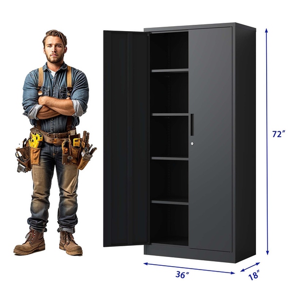 72 H Metal Garage Storage Cabinet Steel Locking Cabinet with Doors and 4 Adjustable Shelves Black