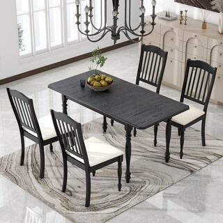 Retro Extendable Dining Table Set 5-Piece Solid Wood Table with Butterfly Leaf and 4 Linen ...