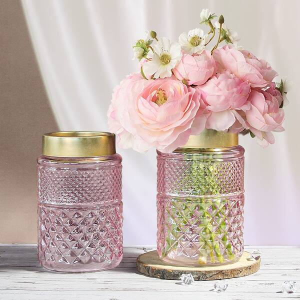 2-Pack Flower Vase Glass, Pink Fluted Vase with Golden Metal Top ...