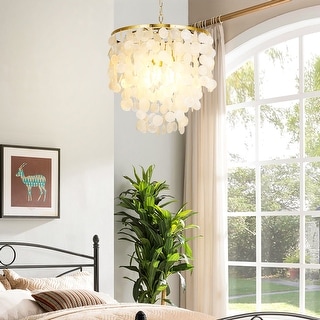White Capiz Chandelier Seashell Pendant Light Fixture - 3-Light - Bed ...