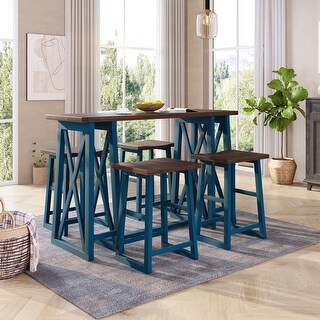 Rustic 5-Piece Blue Dining Sets with 4 Stools and Table, Wood Console ...