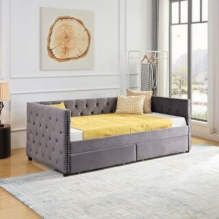 American Style Velvet Upholstered Twin Daybed Square Arms with Button ...