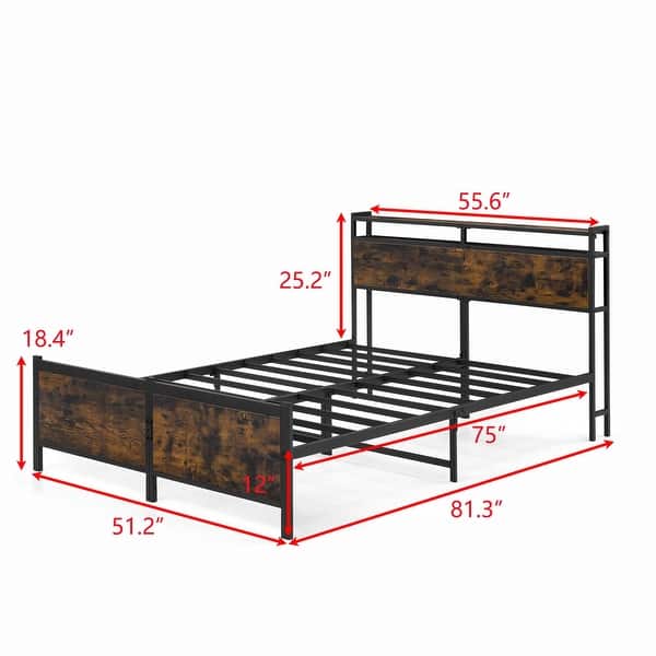 Square Tube Iron Bed Frame with Light Shelves Headboard Design and USB ...