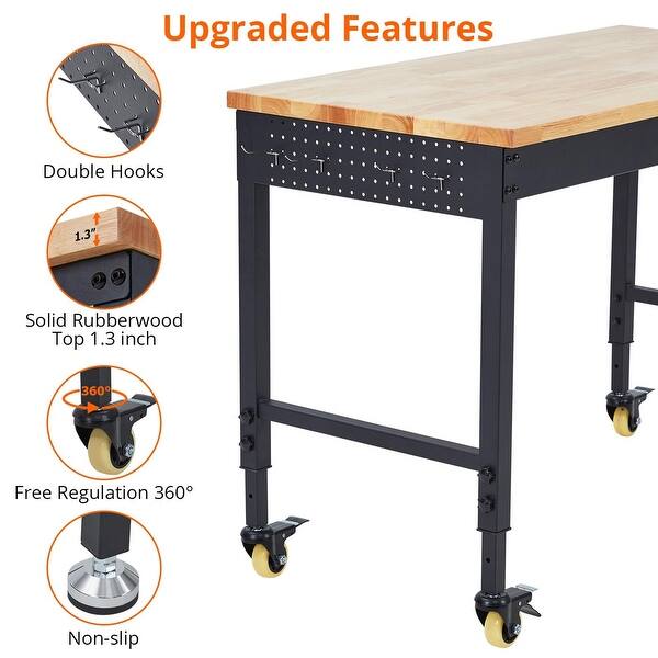 Height Adjustable Wood Top Workbench with Casters and Power Outlets ...